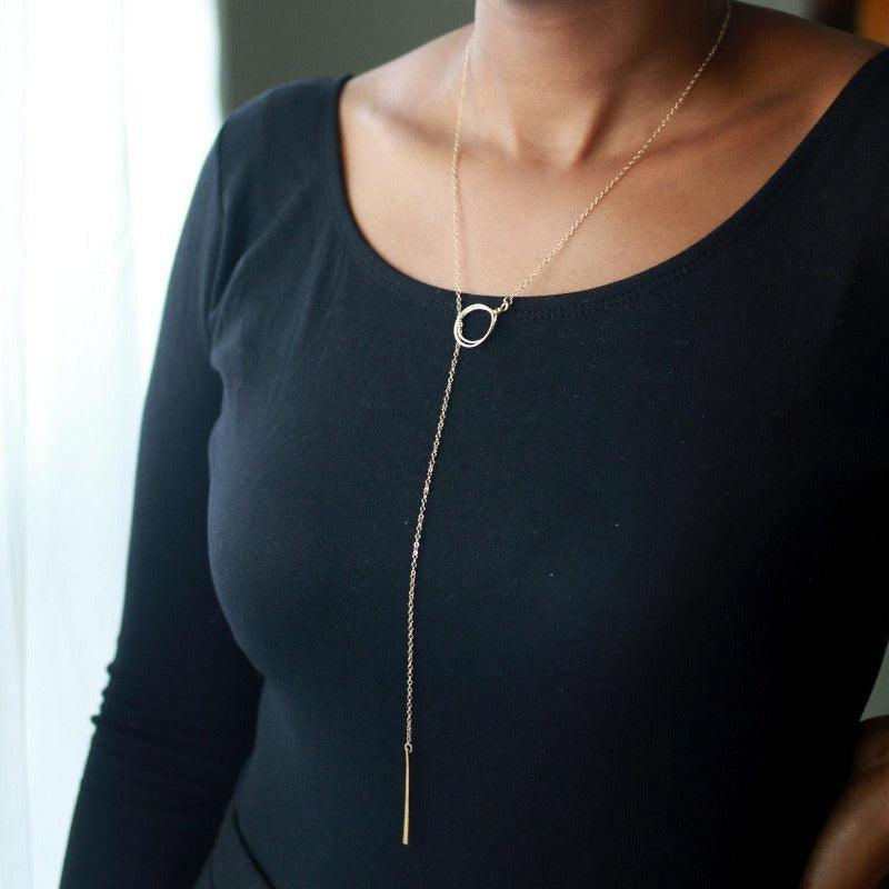 Circle and Line Lariat Necklace in Gold